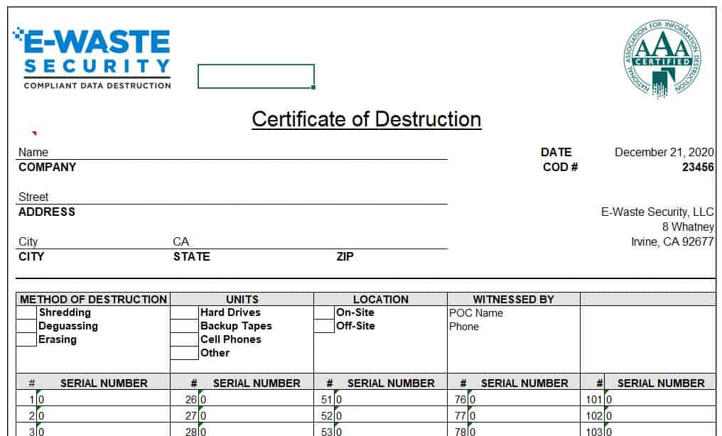 Certificate Of Destruction Hard Drive Destruction E Waste Security